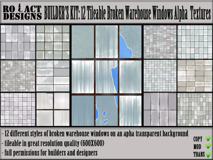 Second Life Marketplace - ..::RO!ACT::..DESIGNS 12 Broken Warehouse Windows Tileable Alpha Textures